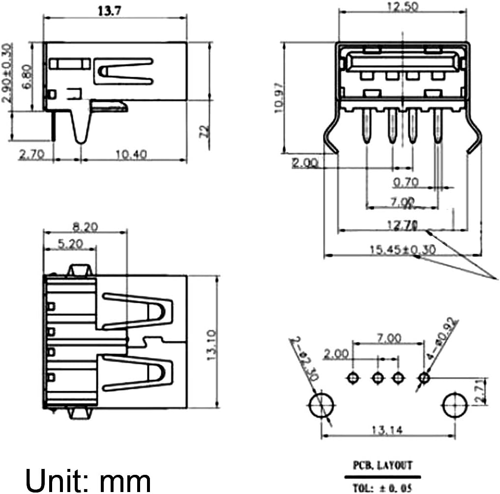 sourcing map PCB USB Connector 2.0 Type-A Female Jack 90 Degree ...