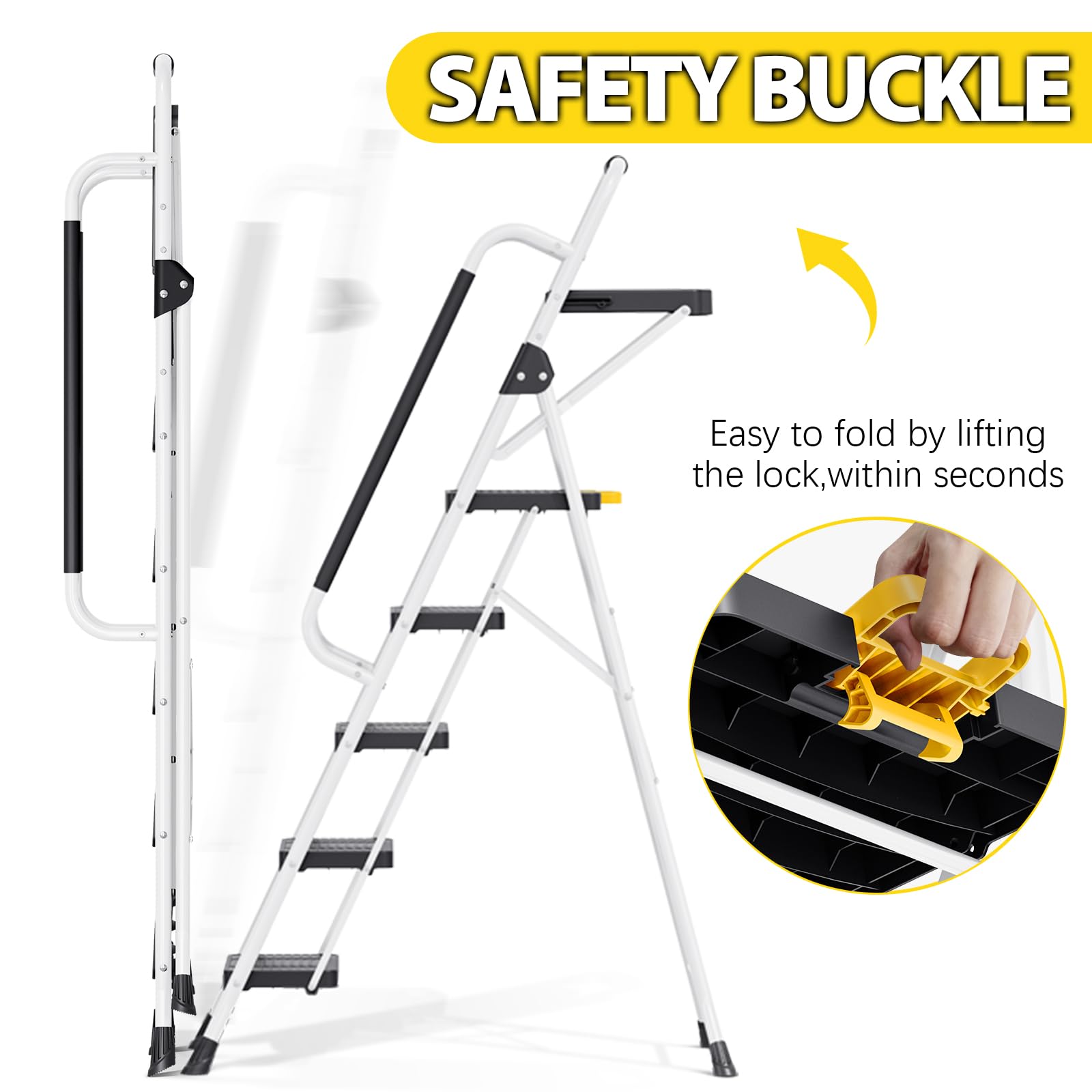 KINGRACK Folding 5-Step Ladder, 800 Lbs Capacity Step Stool With Safety ...