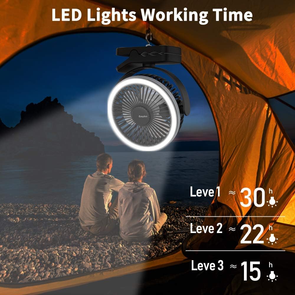 EasyAcc Camping Fan 6700mAh Battery Clip Fan with 4 Speeds LED Lights ...