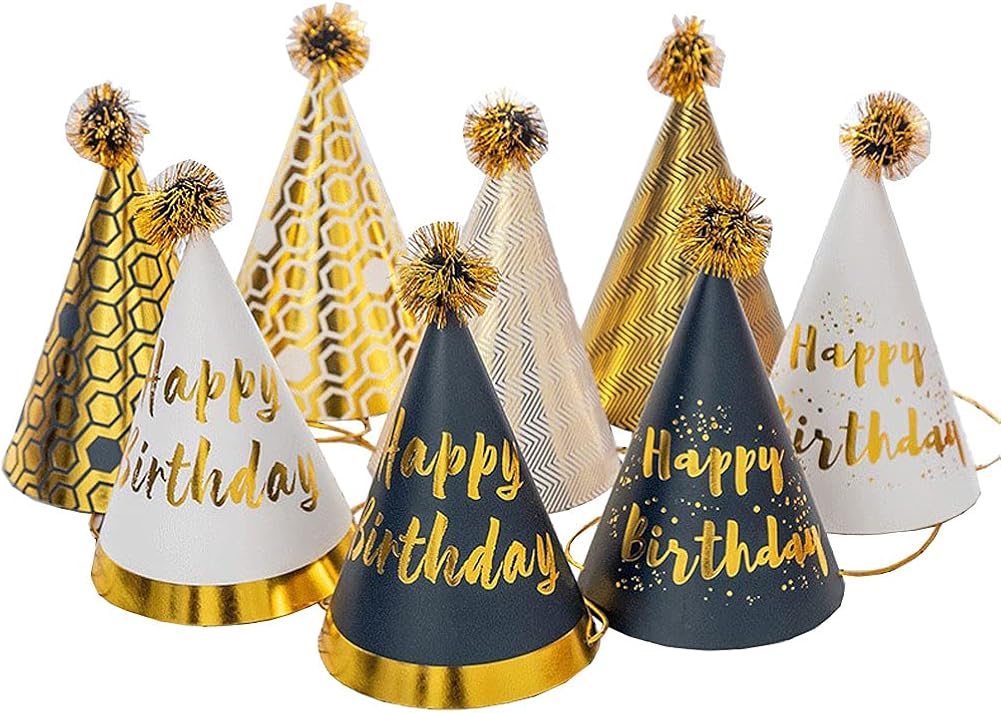 8 Pcs Birthday Party Hats, Black Gold Paper Birthday Party Cone Hat ...