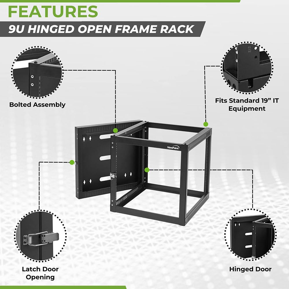 NavePoint 9U Wall Mount Server Rack With Hinged Back, 4-Post 24” Deep ...