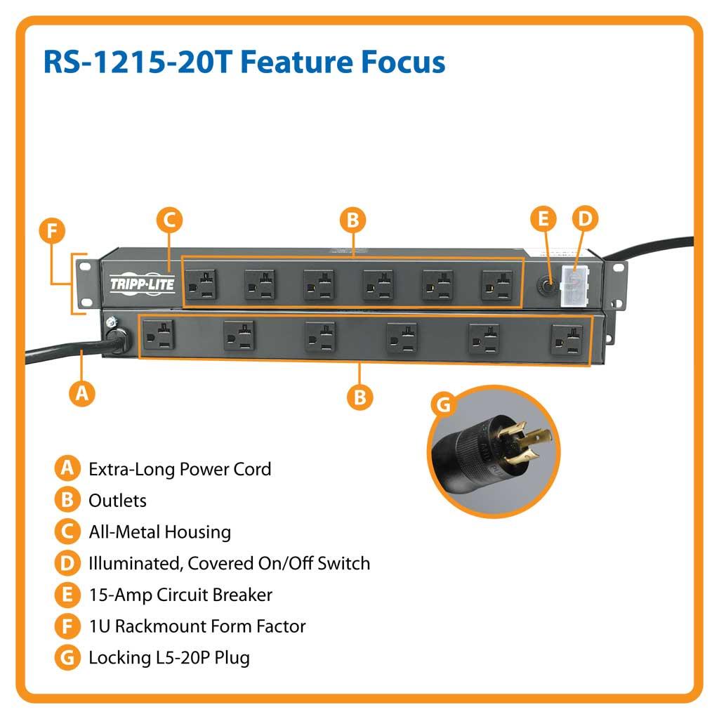 Tripp Lite RS-1215-20T Power Strip Rackmount Metal 120V 5-15/20R 12 ...