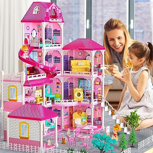 TEMI Dream Doll House Pink Girl Toys - 4 Stories 10 Rooms Dollhouse ...