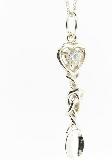 Sterling Silver Welsh Love Spoon with Heart Cubic Zirconia Pendant & 18 ...