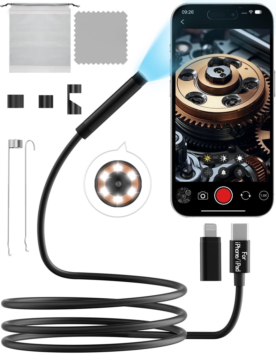 Endoscope Camera with Light,1920P HD Endoscope with 5.9ft Semi-Rigid ...