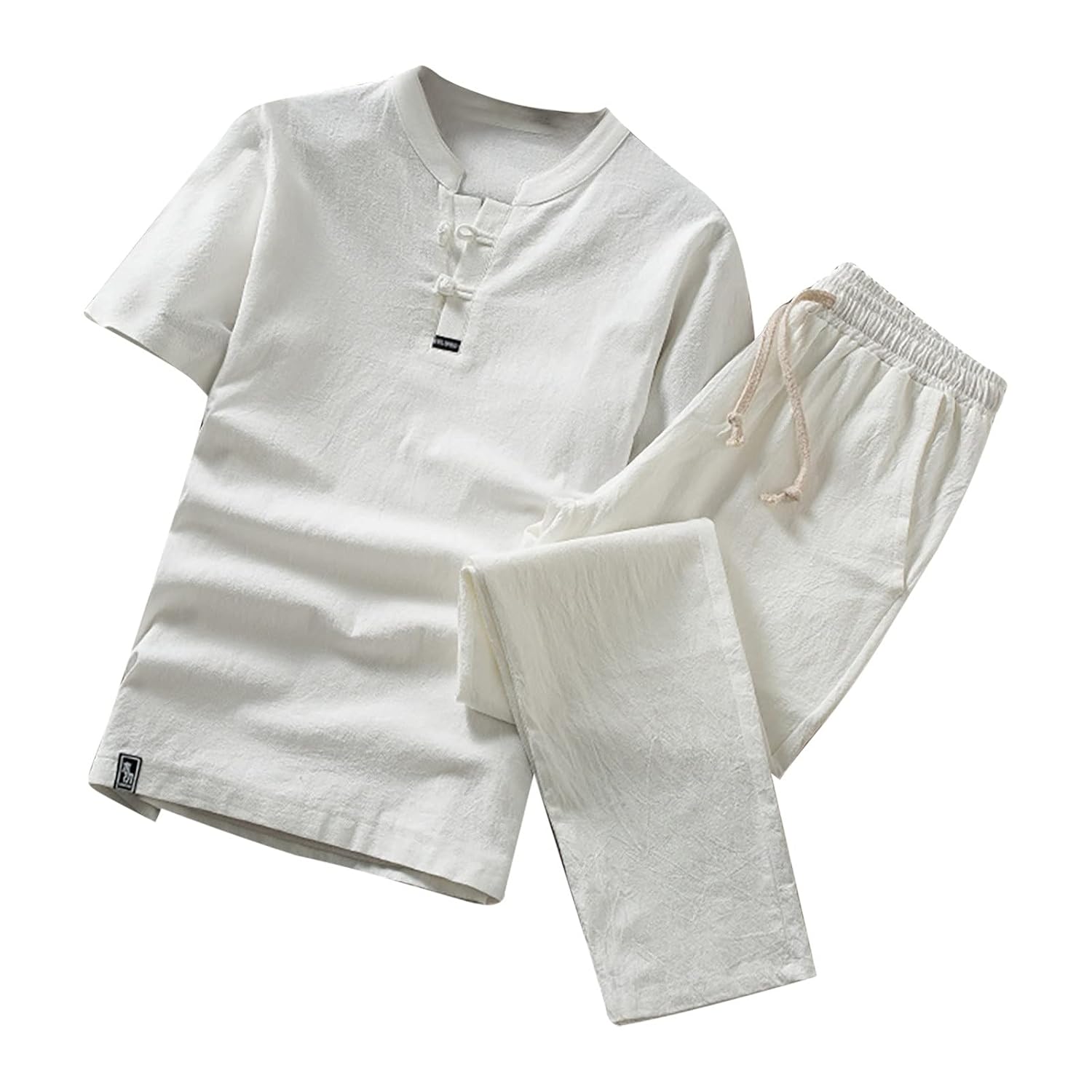 Mens Summer Outfit 2 Piece Set, Linen Cotton V-Neck Short Sleeve Sport ...