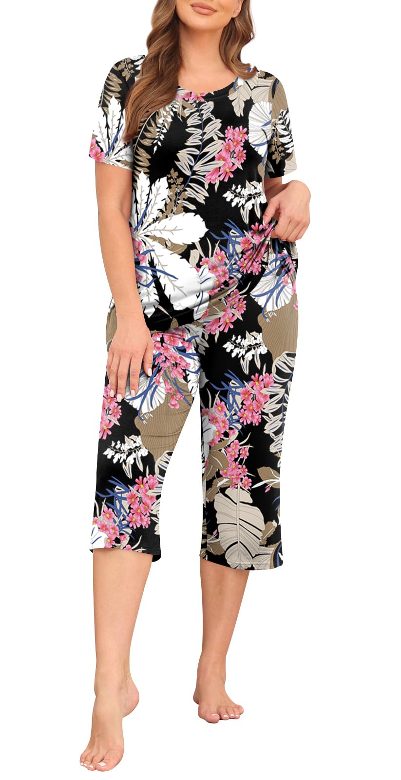 POPYOUNG Plus Size Womens Pajamas sets with Comfy 3/4 Pants XL,Brown ...