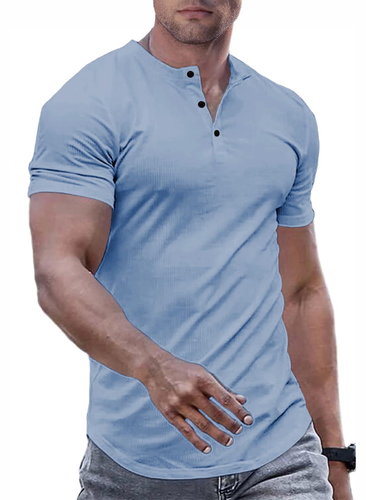 JMIERR Men's Muscle Slim Fit Button Henley Shirts Summer Crewneck Short Sleeve Longline Fitted T ...