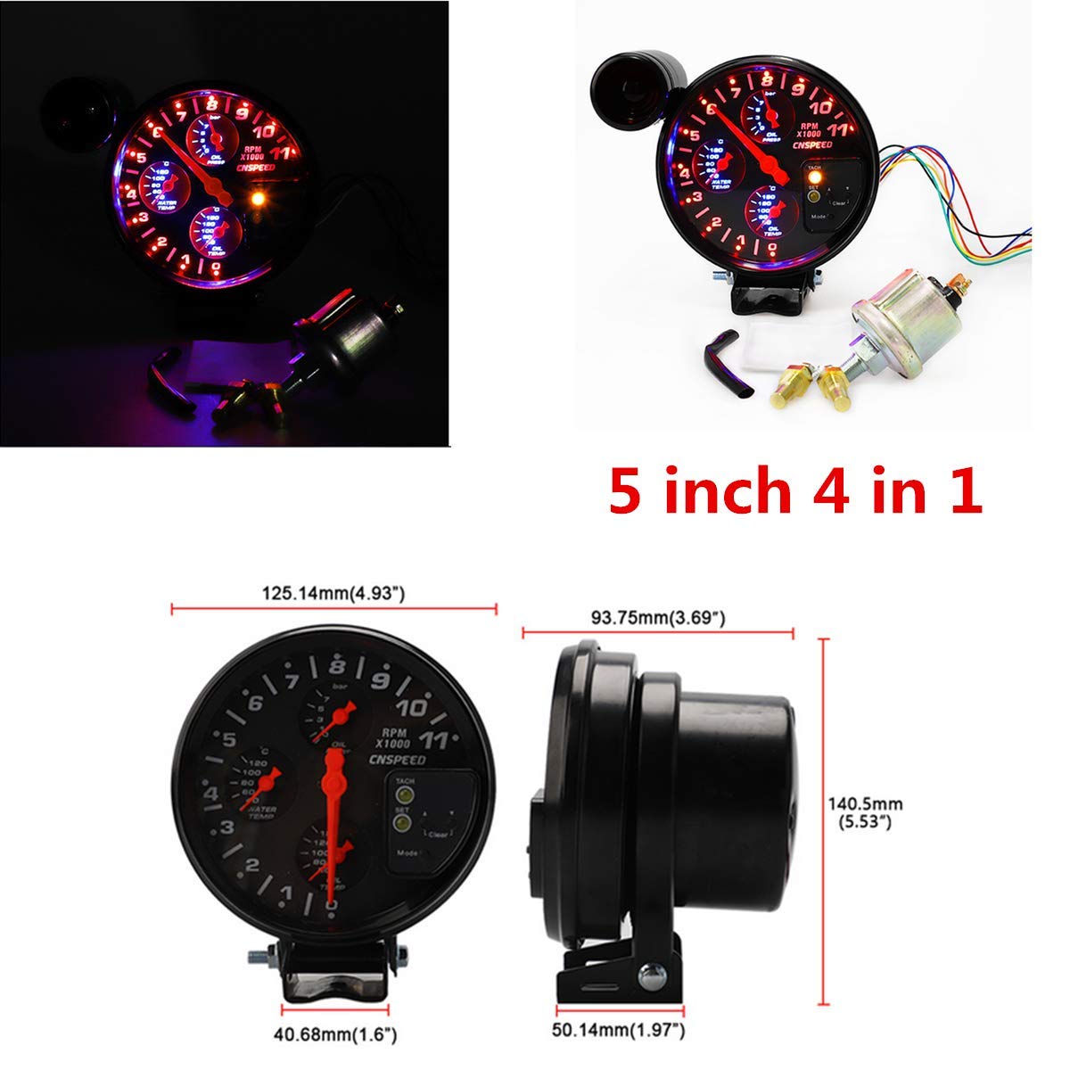 Mua MACHSWON 5 inch Tachometer Gauge Kit Car Motor 4 in 1 RPM Meter 12V ...