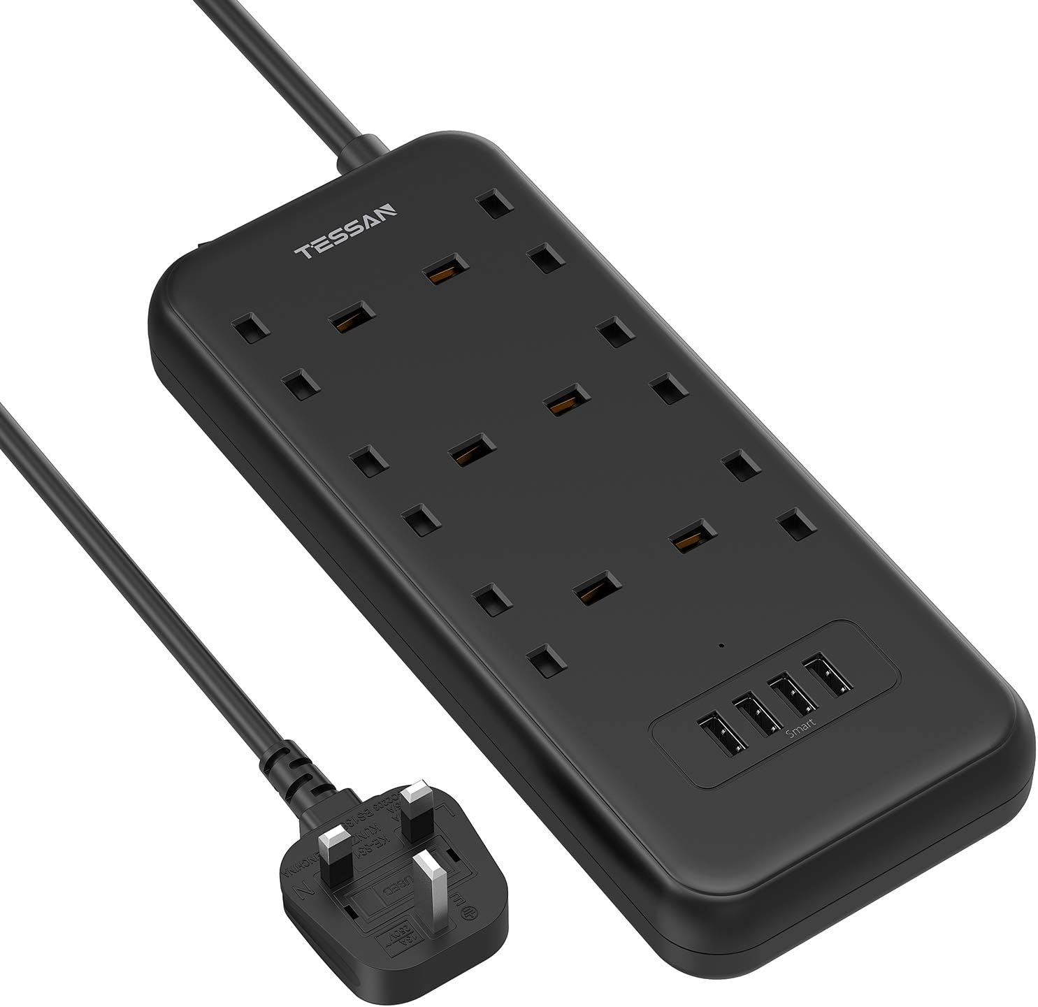 Surge Protected Extension Lead 2M with 4 USB Slots, TESSAN 6 Way 13A ...