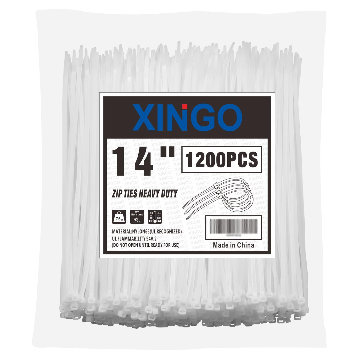 XINGO 14 Inch White Zip Ties(1200 Pack), 75 LBS Tensile Strength, UV ...