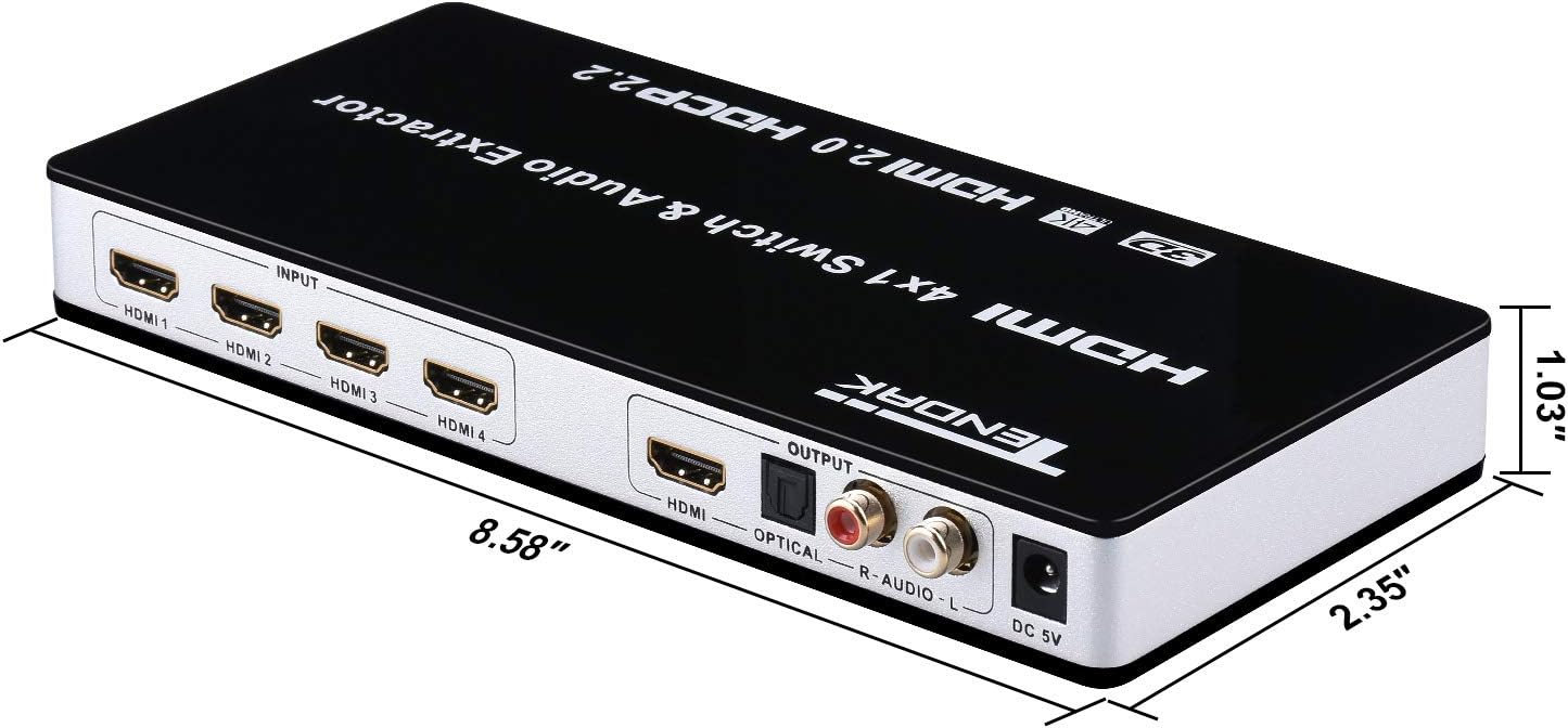 4K HDMI Switch, Tendak 4 Port HDMI 2.0 Switch Box 4×1 HDMI Switcher + Optical Toslink L/R Audio ...