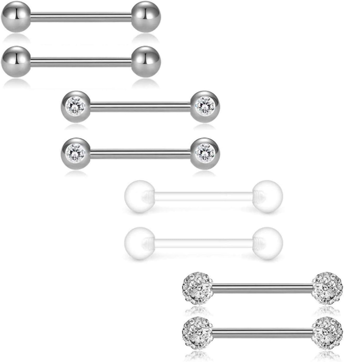 LEEQ 4 Pairs Barbell Ring 316L inless Steel Nipple Rings Cubic Zirconia ...