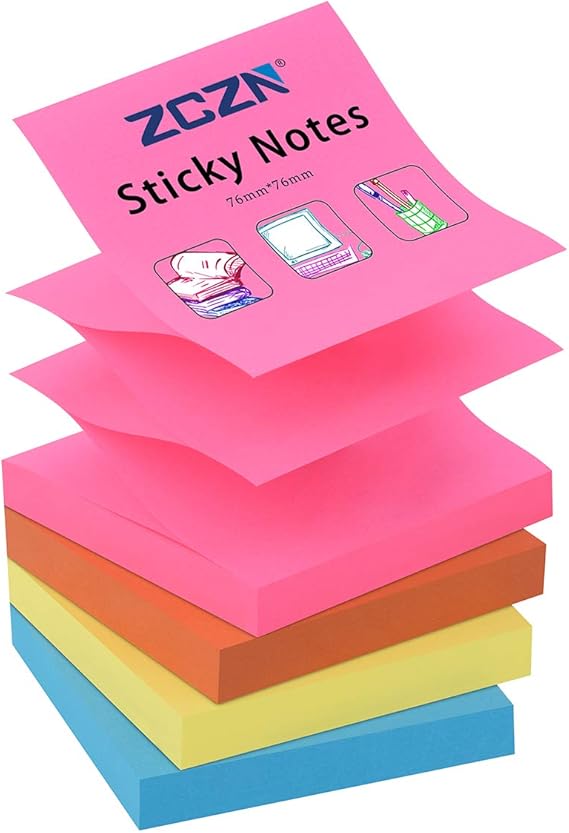 ZCZN Pop-up Sticky Notes 76 x 76 mm, 4 Pads Assorted Colours Self-Stick ...