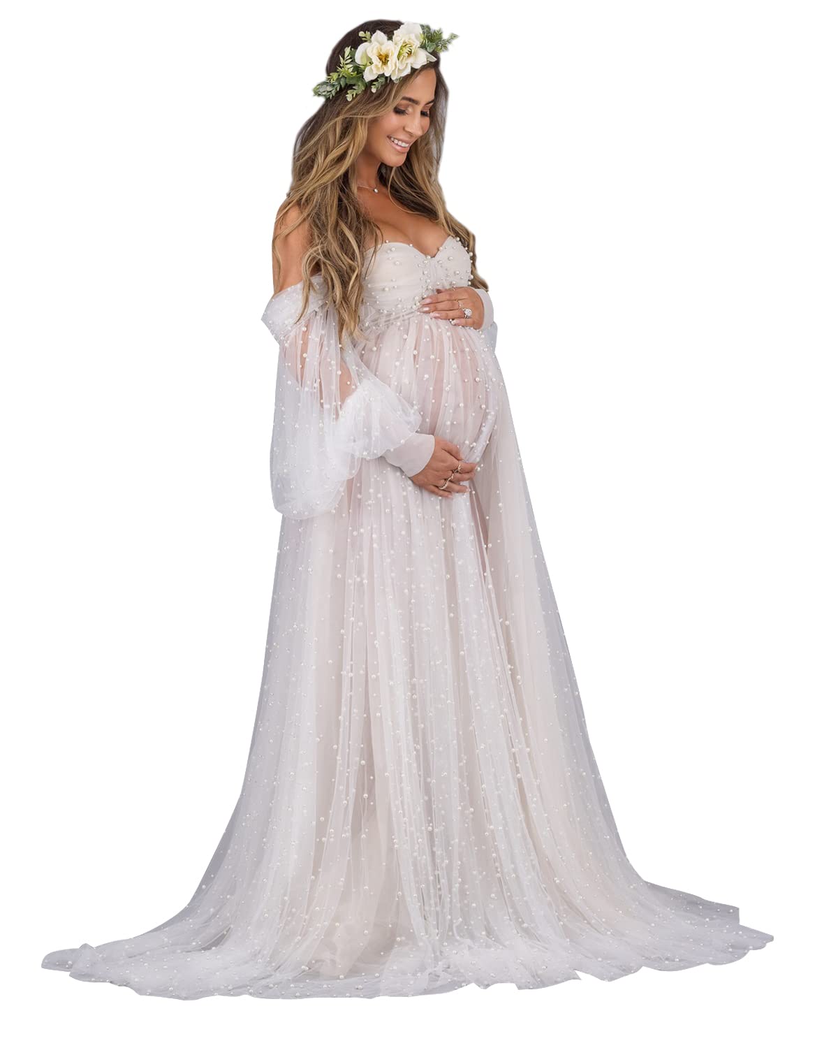 PRESEOSSA Pearl Maternity Dress for Photoshoot Puffy Tulle Robe Bridal ...