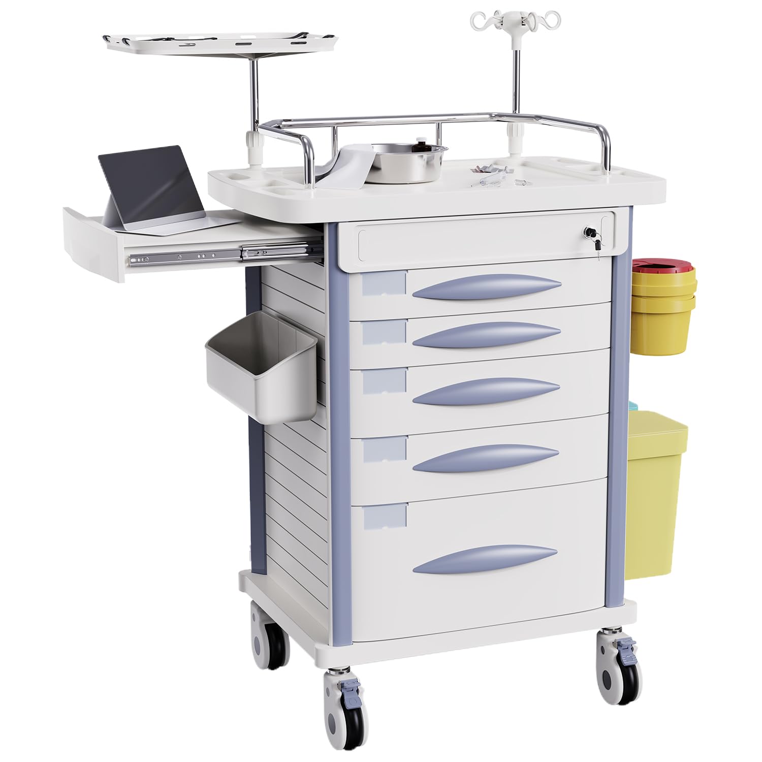 OLERN Medical Rolling Crash Cart with Accessories-CPR Board, IV Pole ...