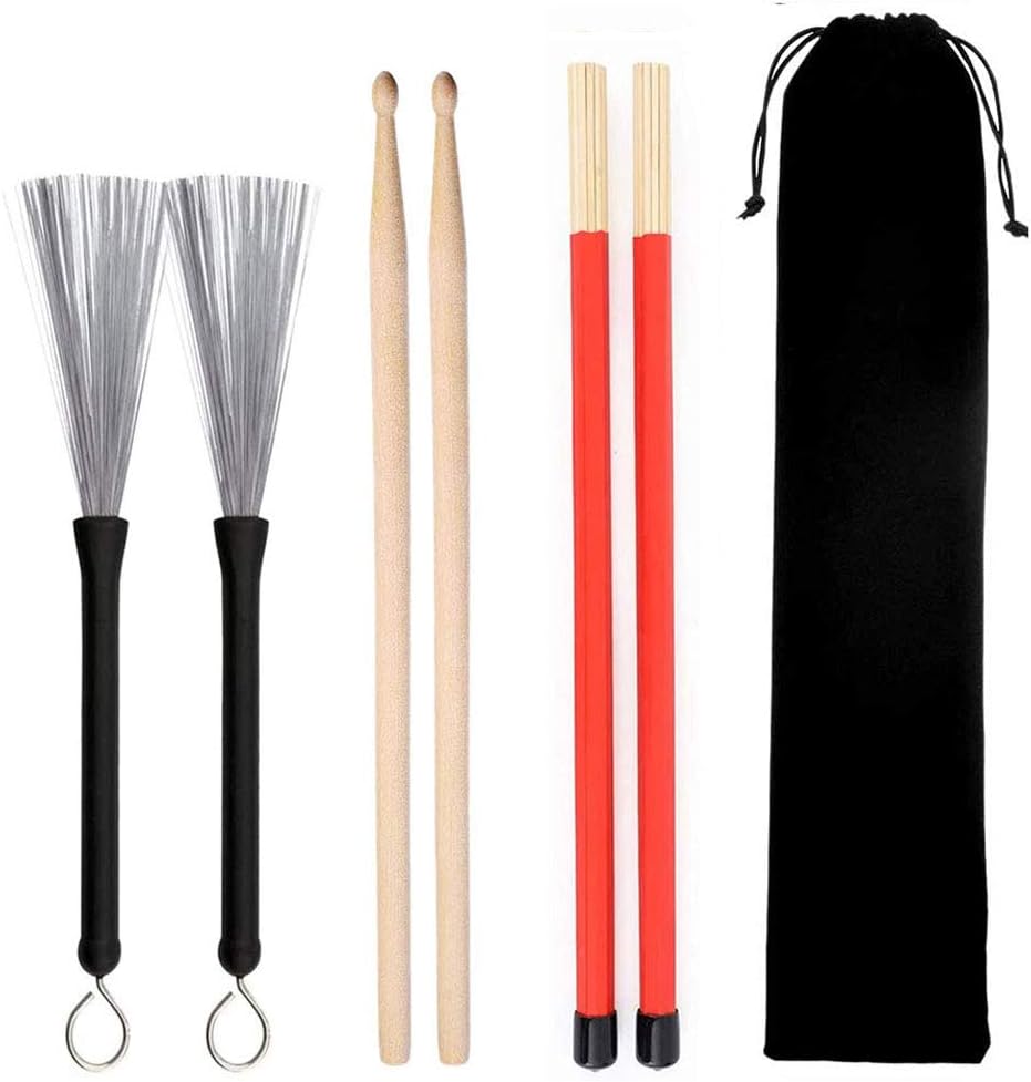 Bestine Drum Sticks Brush Set – 1 Pair 5A Maple Wood Drum Sticks 1 Pair Drum Wire Brushes ...