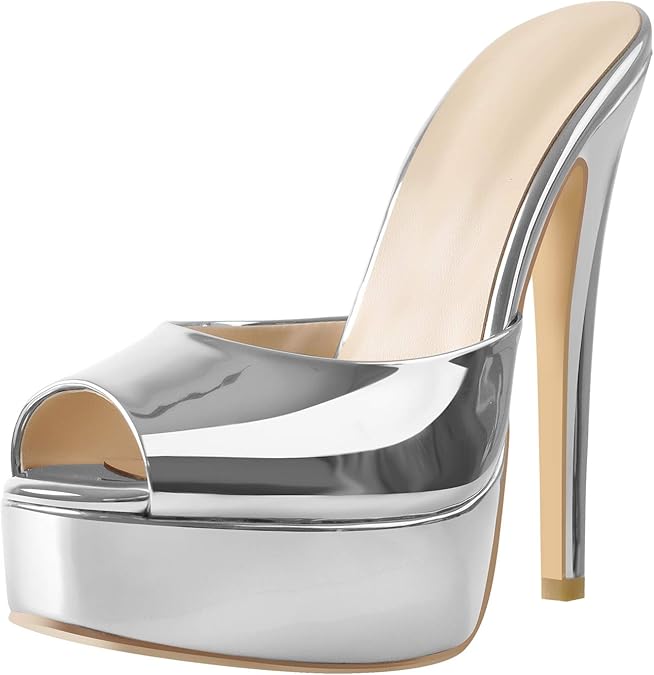 Only maker Women's Peeptoe Sandals High Heel Stiletto Mules Silver Size ...