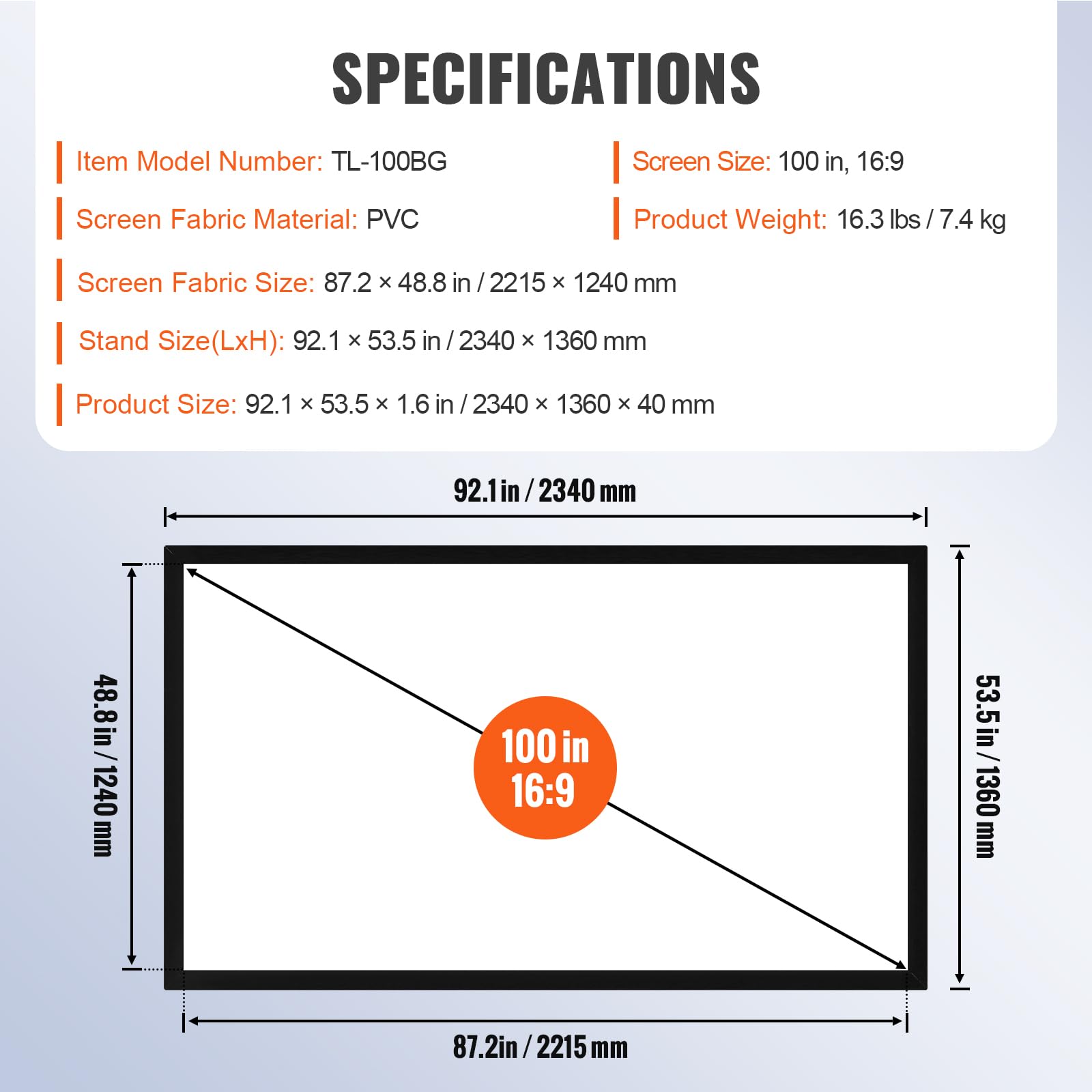VEVOR Projector Screen Fixed Frame 100inch Diagonal 16:9 4K HD Movie ...