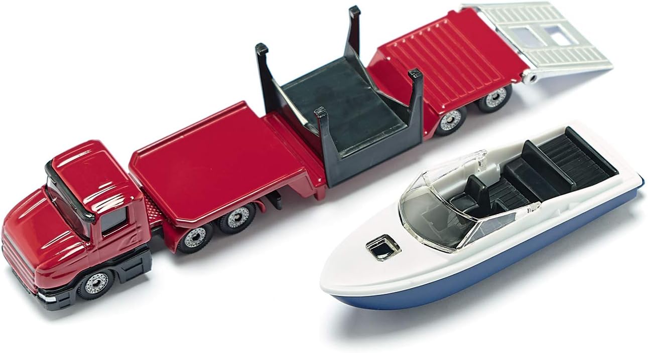 siku 1613, Low Loader with Boat, Metal/Plastic, Red/Blue/White, Opening stern flap, Floatable ...