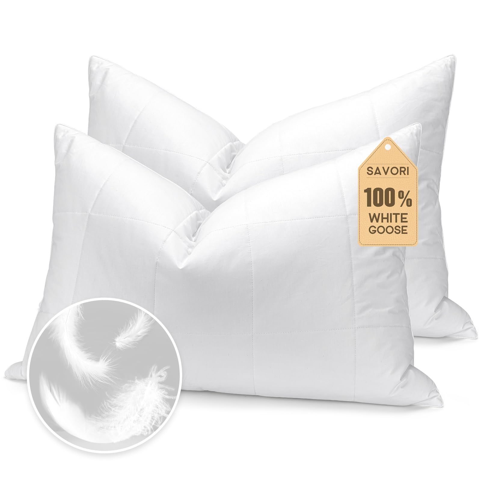 SAVORI Pack of 2 Goose Down Feather Pillows with 100% Cotton Cover ...
