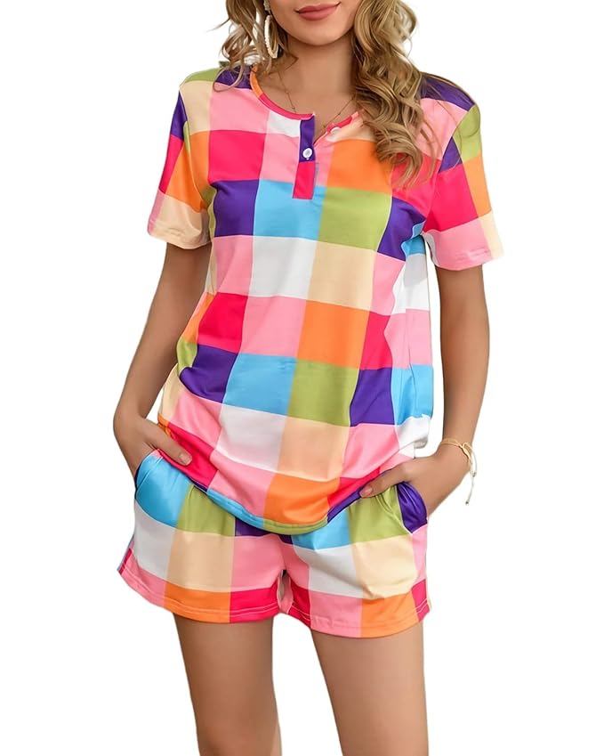 Buy Women's Cute Pajama Set Short Sleeve Plaid Rainbow Print Shirt and ...