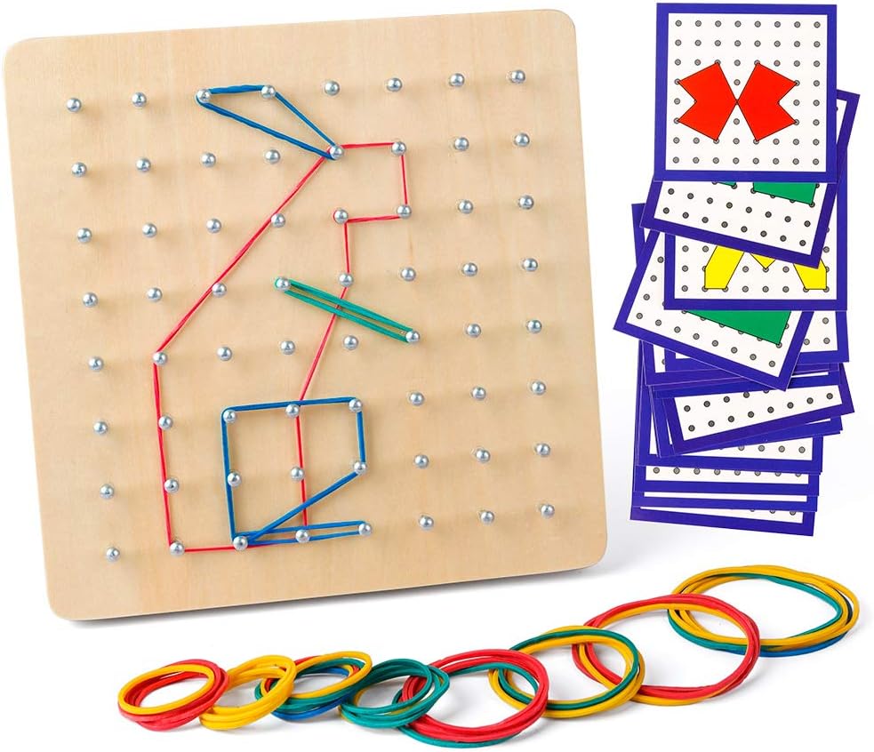 Coogam Wooden Geoboard with Activity Pattern Cards and Latex Bands ...