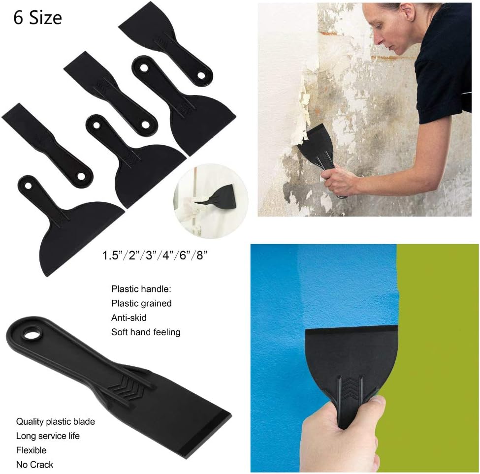 9 Pieces Black Paint Scrapers Tool Kit Plastic 6 Sizes Putty Knife Set ...