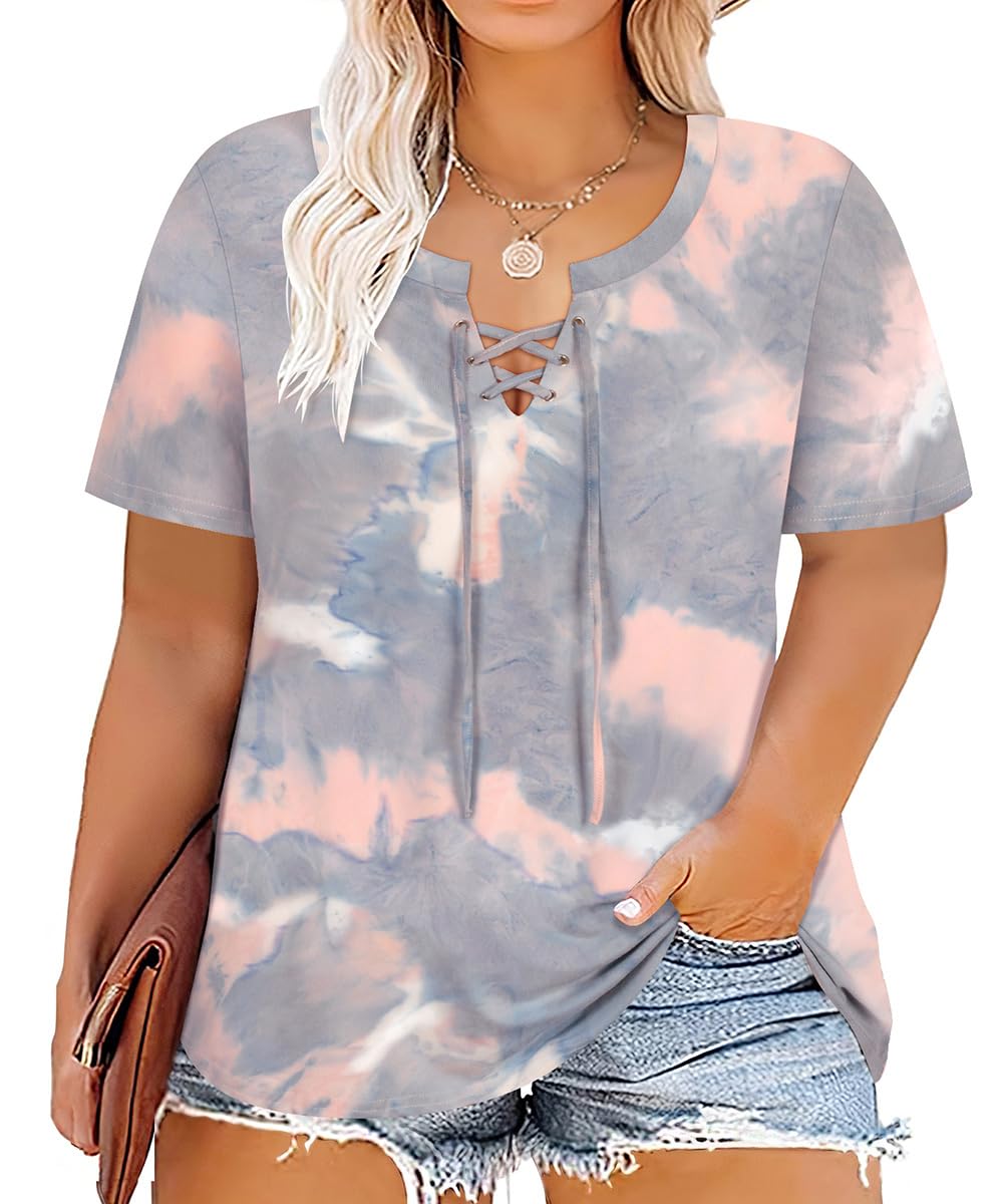 CARCOS Womens Plus Size Tie Dye Tops Lace Up Shirts Short Sleeve V Neck Tunics Purple Blue ...