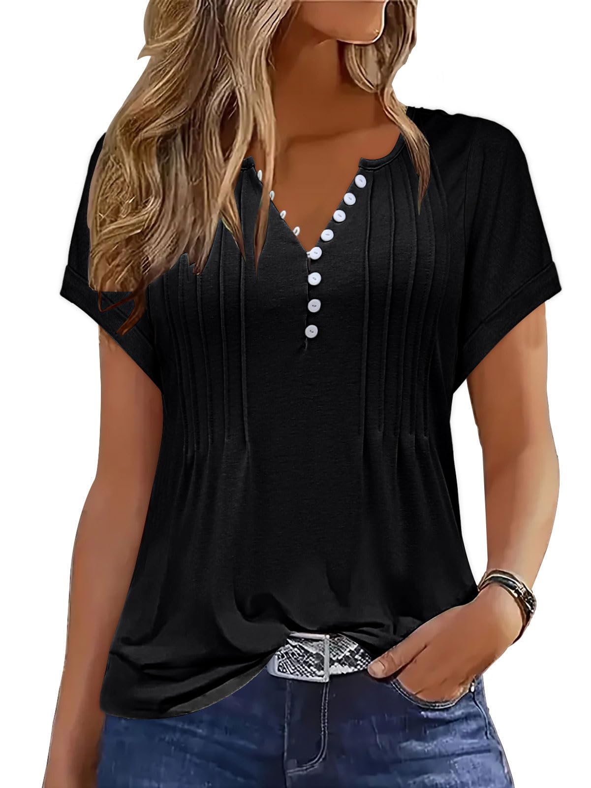 Soesdemo Womens Black Tshirts Short Rolled Sleeve Pleated Button Down V Neck Dressy Casual Loose ...