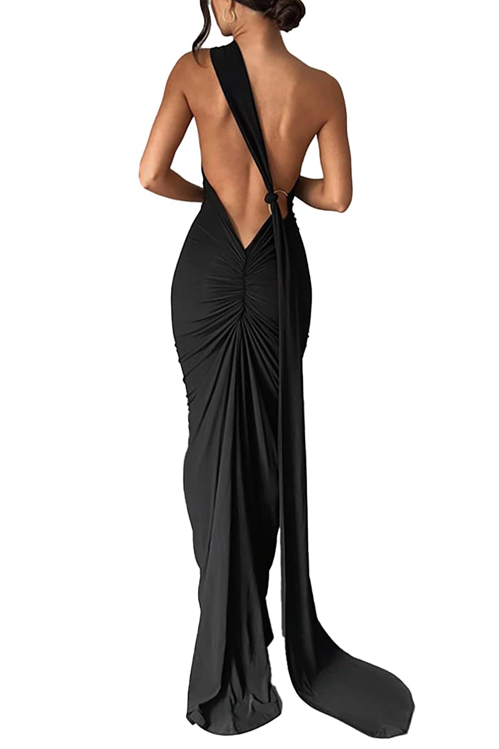 FEAPHY Women's Sexy Backless Dress Summer Open Back Ruched Bodycon ...