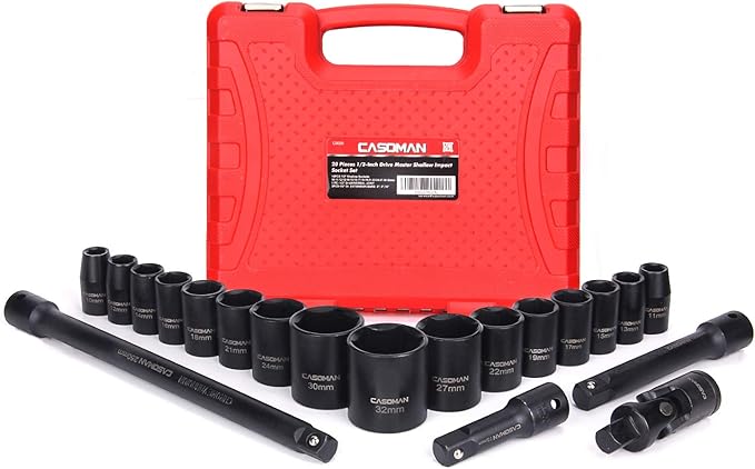CASOMAN 1/2-Inch Drive Shallow Impact Socket Set, Metric, 10mm-32mm, CR ...