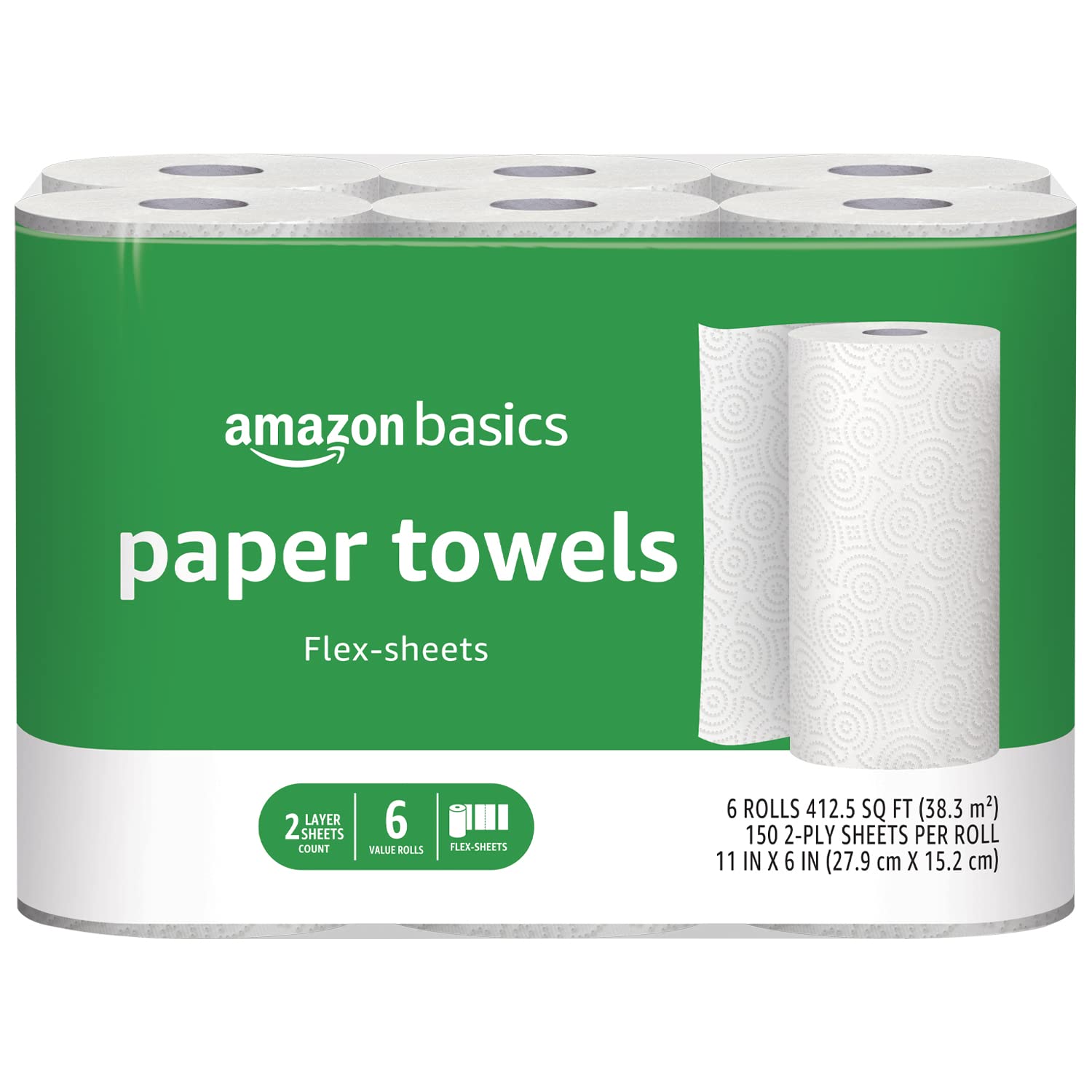 Amazon Basics 2-Ply Paper Towel, Flex Sheets, 150 Sheet per Roll, 6 ...