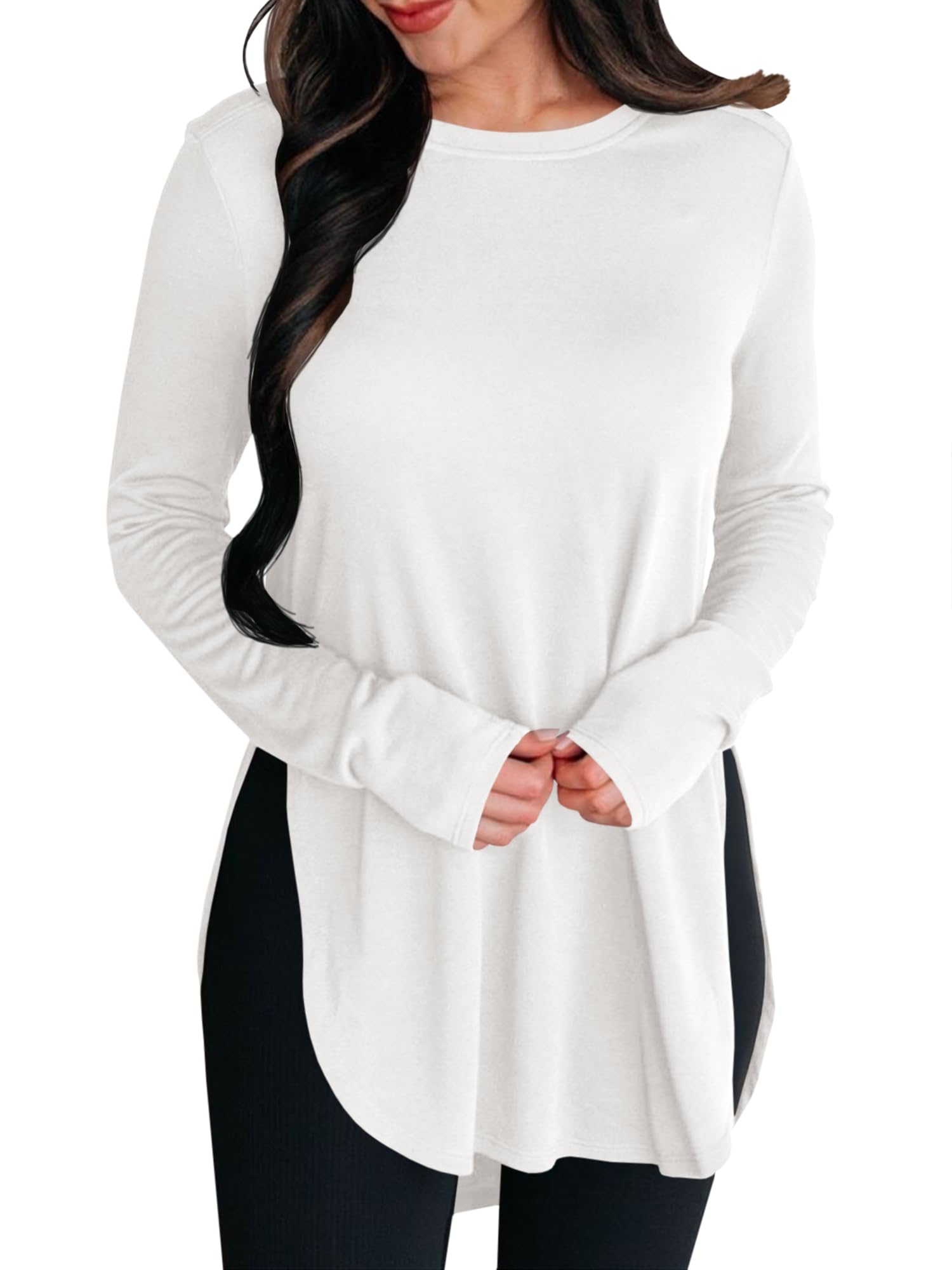 BZB Womens Long Sleeve Tunic Tops Fall Casual Crew Neck Side Split Hi ...