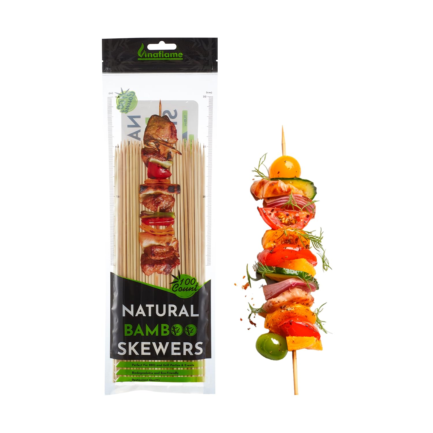 Vinaflame 100 PCS, 10" Natural Bamboo Skewers for BBQ, Barbecue Skewers ...
