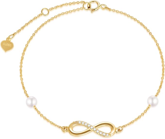 Amazon.com: 10k Gold Infinity Anklets for Women, Real Gold Pearl ...