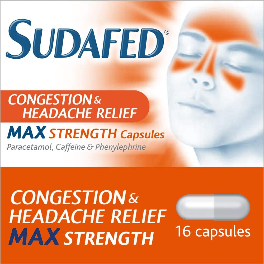 Sudafed Congestion & Headache Relief Max Strength Capsules, 16 Capsules ...