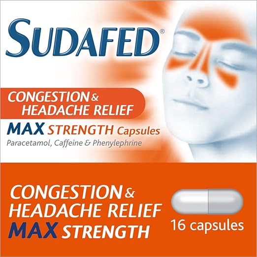 Sudafed Congestion & Headache Relief Max Strength Capsules, 16 Capsules ...