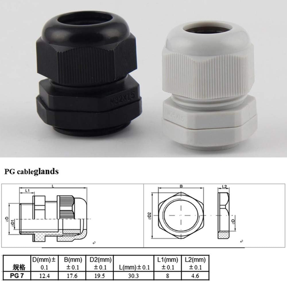 Lezed Cable Gland PG7 Plastic Glands Waterproof Electrical Gland Connector Cable (20 White + 20 ...