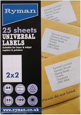 Ryman Universal Labels 139x99mm Pack 25 Sheets - Color: White: Amazon ...