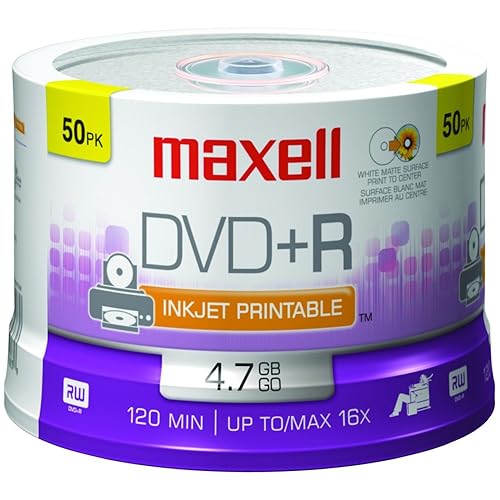 Inkjet Printable DVD+R Discs, 4.7GB, 16x, Spindle, White, 50/Pack in ...