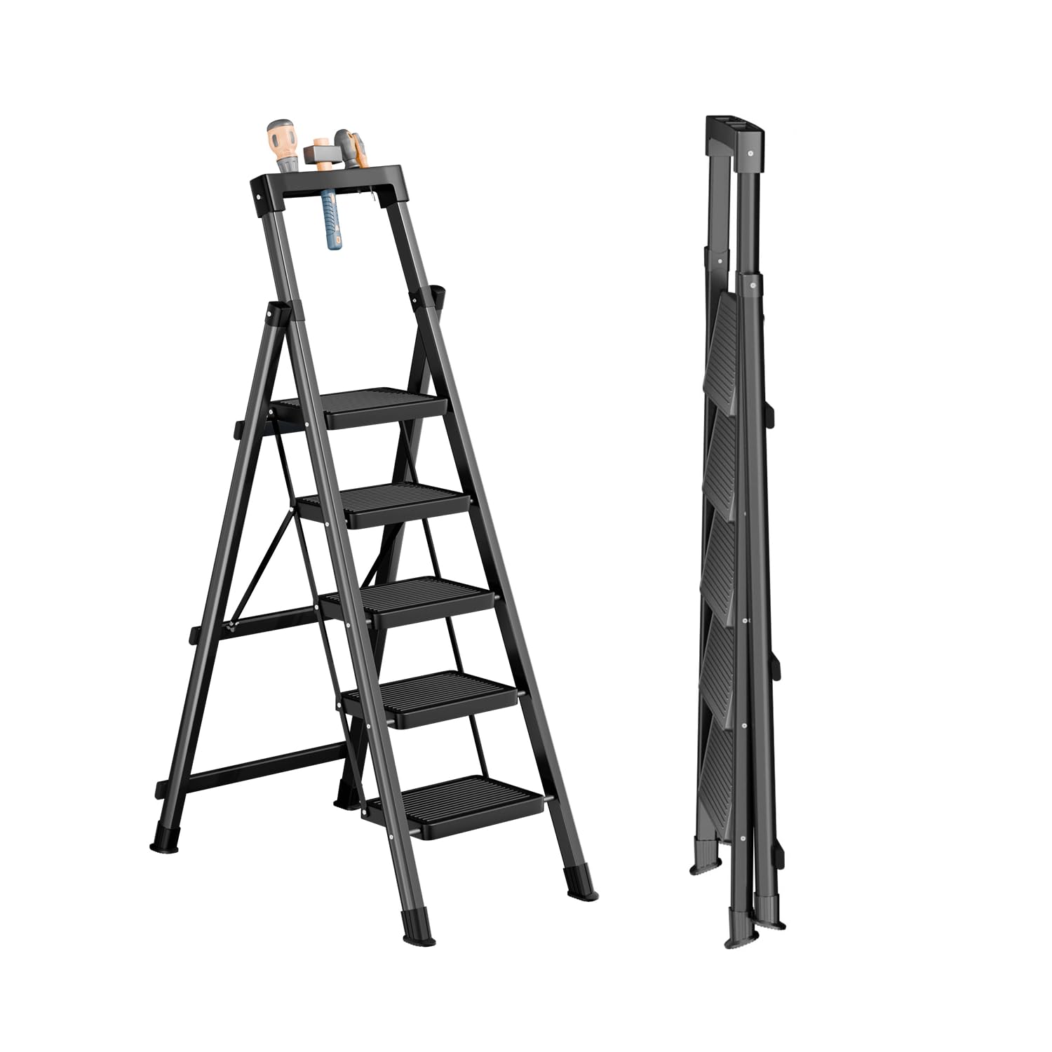 5 Step Ladder with Tool Tray,Portable Step Tool 660lb Load,Folding Step ...