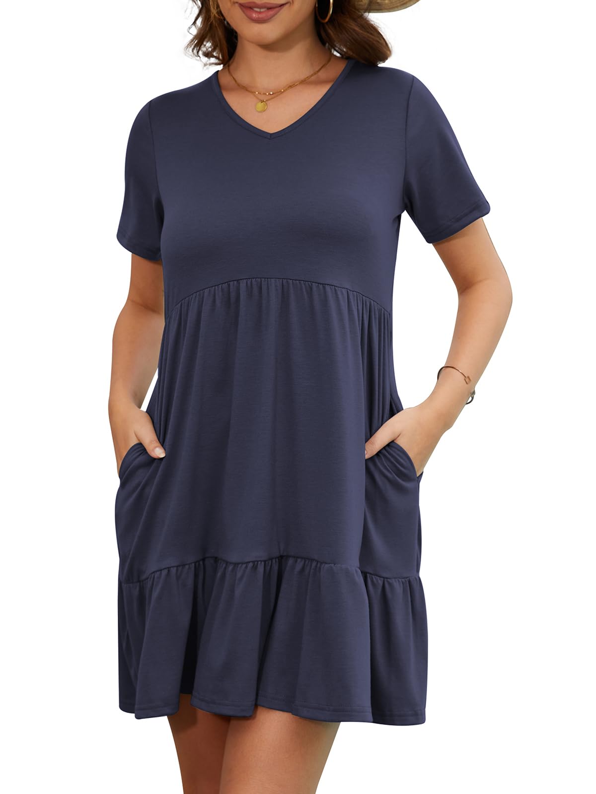 Navy Blue Summer Dress for Women 2024 Casual V Neck Sun T Shirt Dress ...