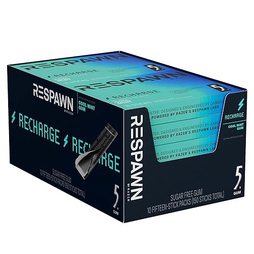RESPAWN BY RAZER, 5 Gum, Recharge Chewing Gum Sugar-Free, Cool Mint, 10 ...