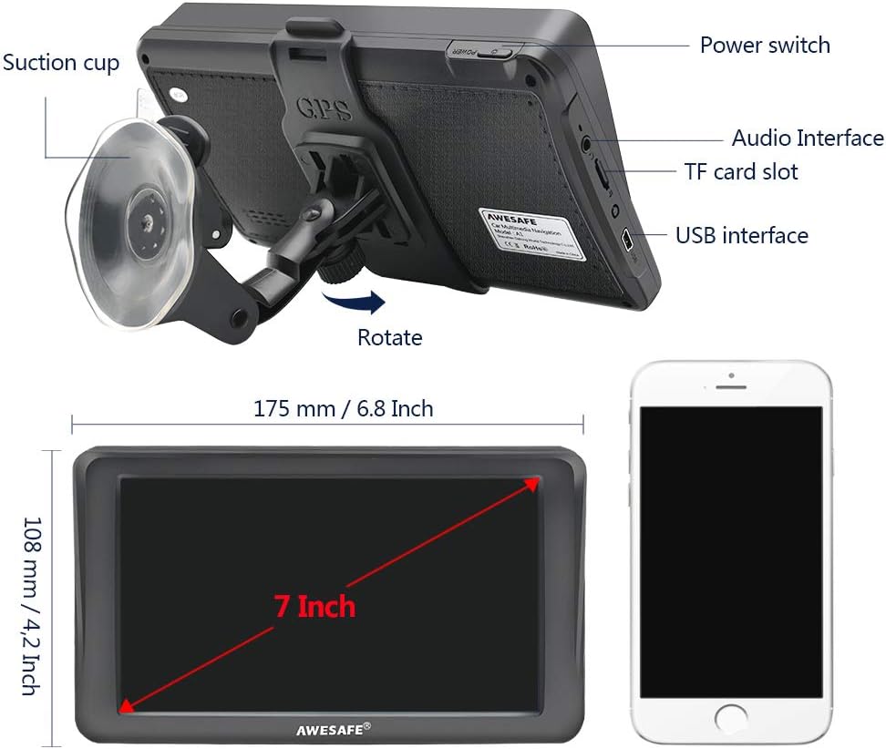 AWESAFE Sat Navs for Cars, 7 Inch Car Sat Nav GPS Navigation Includes ...
