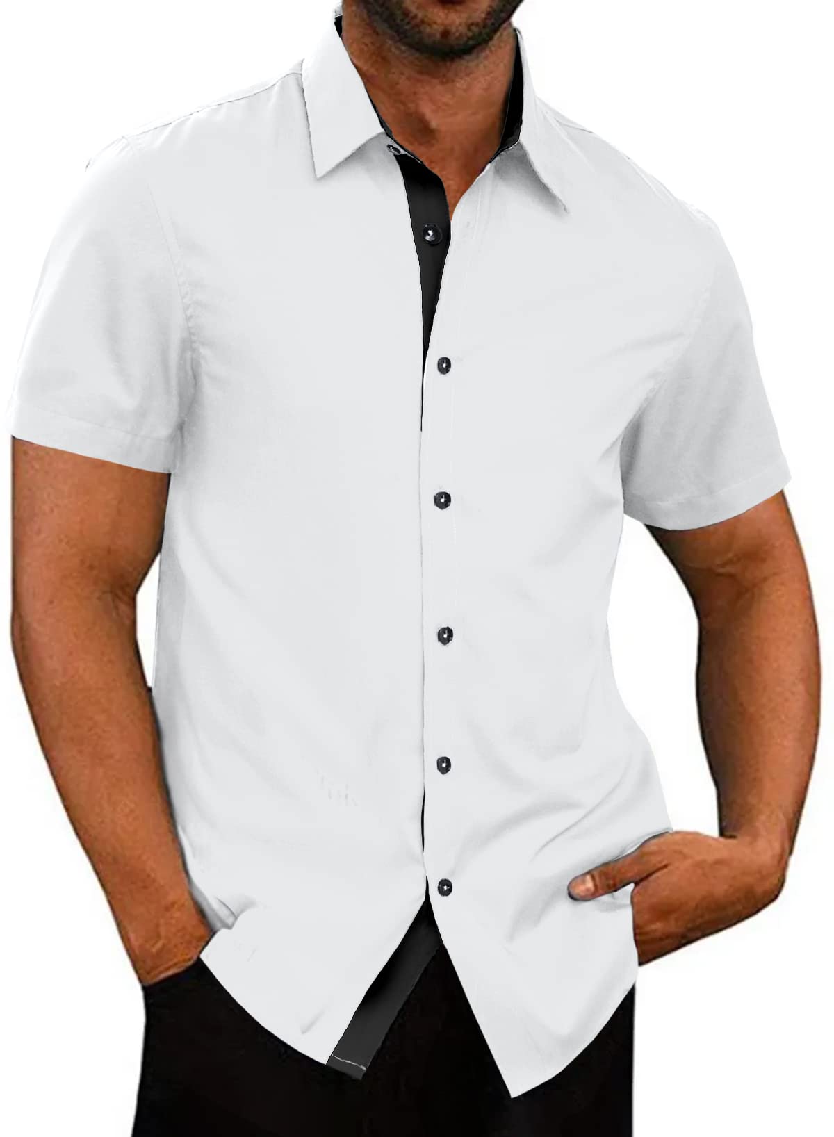 JMIERR Mens Casual Button Up Shirts Wrinkle-Free Short Sleeve Business ...