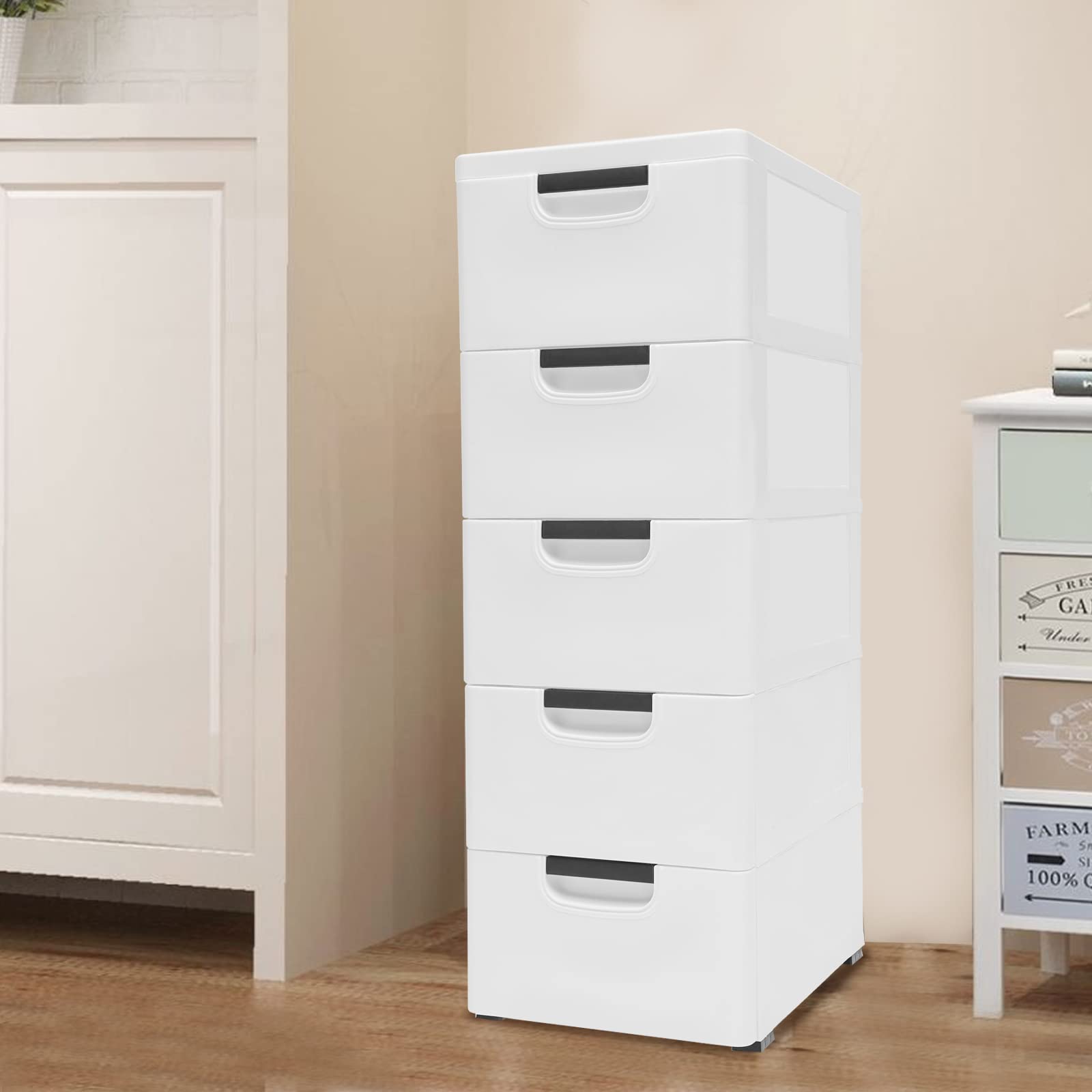 FONSOLUM 5-Tier Plastic Drawers Storage Dresser, Rolling Narrow Slim ...