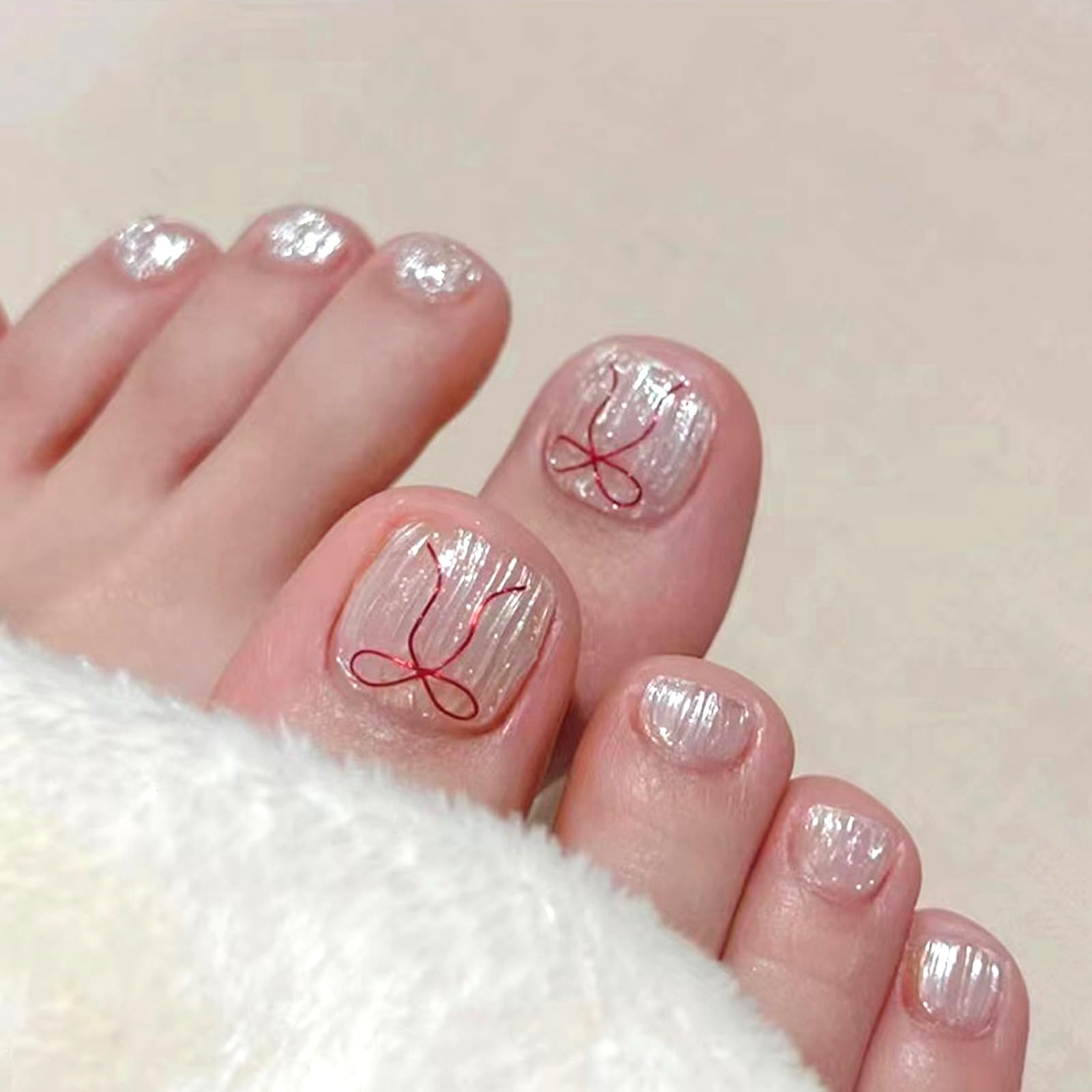 Bow Press on Toenails French Tip Summer Fake Toe Nails White Square Toe ...