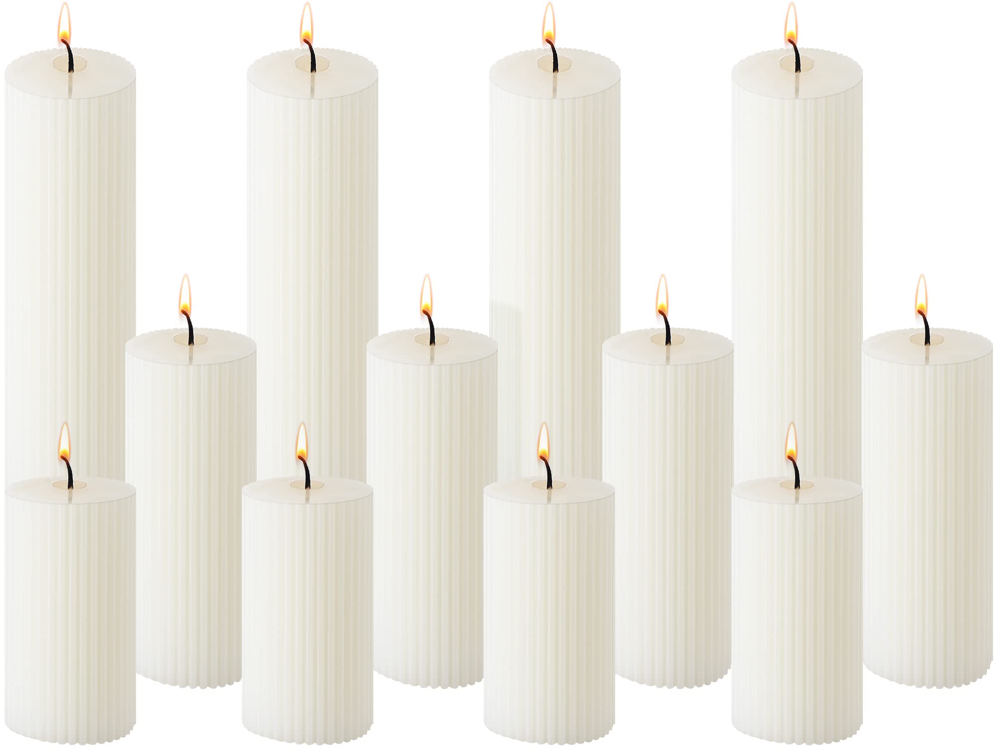 Set of 12 Ribbed Pillar Candles Soy Wax Home Decor Modern White Candles ...