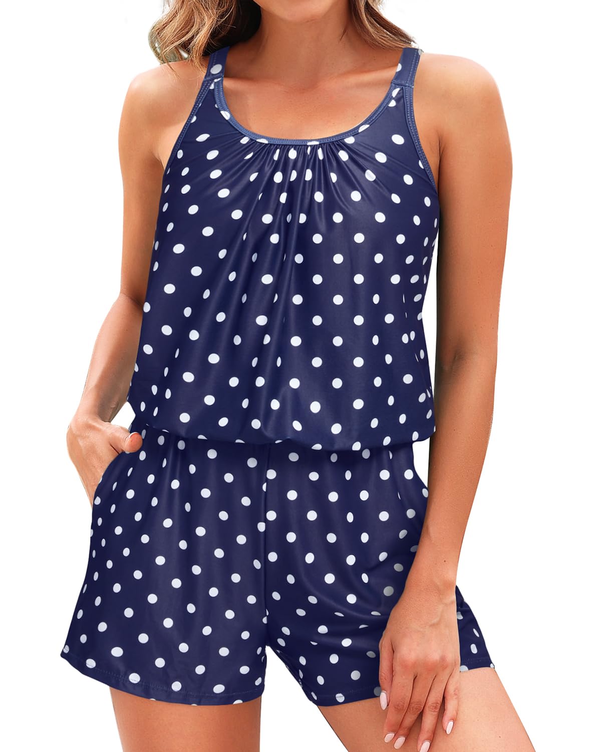 Tempt Me Blue Dot Romper One Piece Swimsuits with Short - Women Boyleg ...